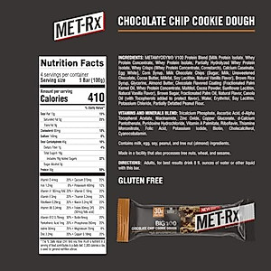 MET-Rx Big 100 Colossal Protein Bars, Chocolate Chip Cookie Dough Meal Replacement Bars, 9 Count (Pack of 1)
