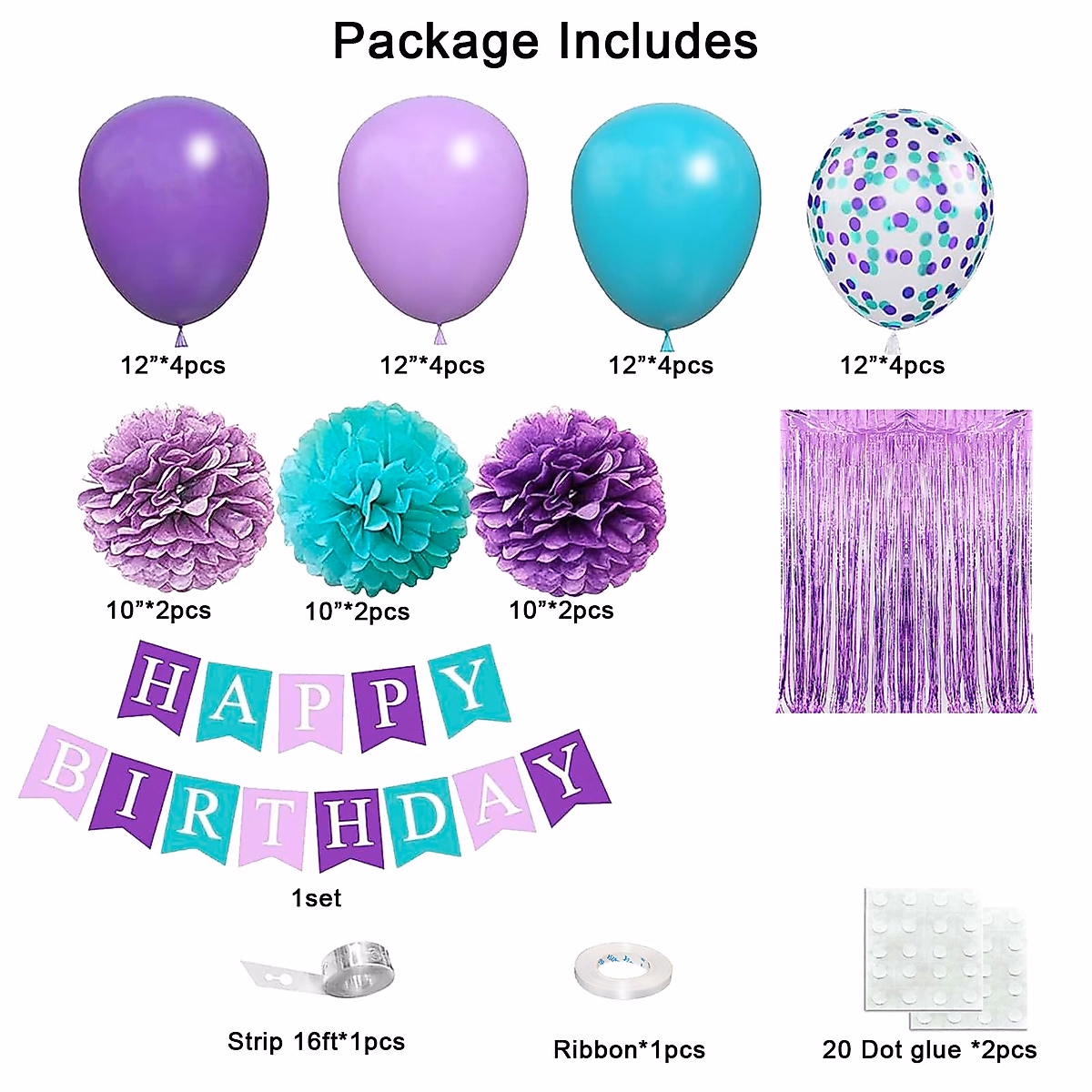 Purple Green Birthday Decorations, Purple Blue Party Balloons with Happy Birthday Banner and Purple Turquoise Fringe Curtain Pompom for Girl Women Birthday Baby Shower Party Decorations