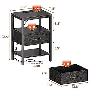 SUPERJARE Nightstands Set of 2, Bed Side Tables with Charging Station, Adjustable Fabric Drawer, Night Stands for Bedroom, 3-Tier Storage End Tables, Black