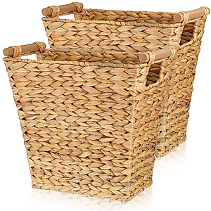 Eaasty 2 Pcs Wicker Waste Basket Woven Wicker Trash Can Bathroom Wastebasket with Wooden Handle for Bedroom Storage 12.8 x 7.6 x 12.4 Inch(Brown)