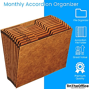 1InTheOffice Monthly Accordion File Organizer - Heavy Duty- Expanding File Folder, 12 Monthly Pockets File Organizer, Open-Top, Brown, Letter Size