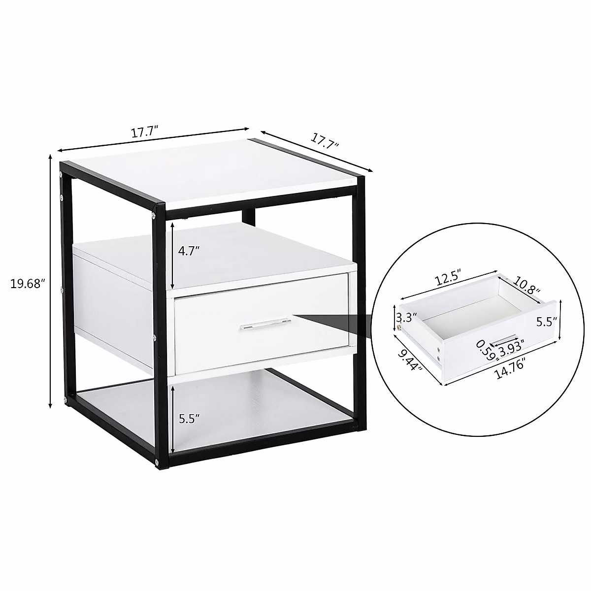 Stylish Tall Side Table - Modern Simple Style End Table with Drawer and Shelf in Black and White