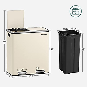 SONGMICS Trash Can, 2 x 8 Gal Garbage Can for Kitchen, with 15 Trash Bags, 2 Compartments, Plastic Inner Buckets and Hinged Lids, Airtight, Almond Color ULTB201A01