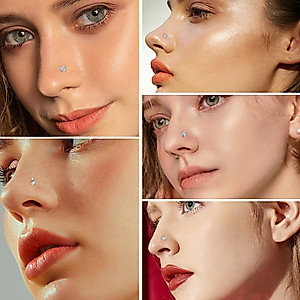 MILACOLATO 8Pcs 20G Sterling Silver Nose Rings Studs for Women Men Star Marquise Heart Square Round Shaped CZ Nose Stud L Shape Nose Ring Body Piercing Jewelry