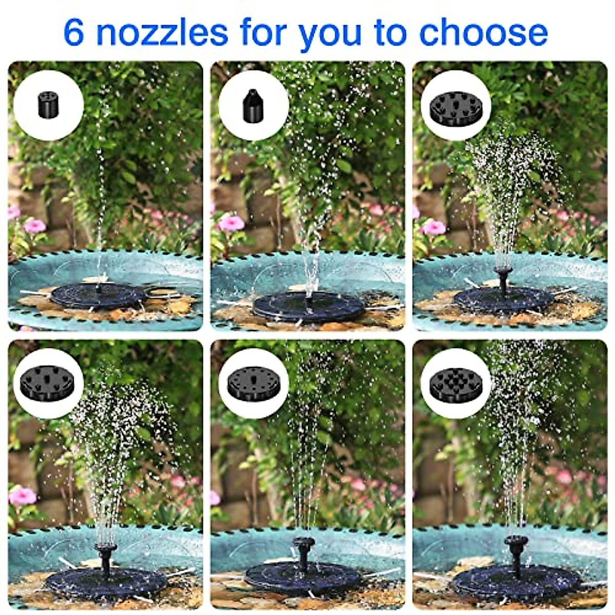 2.5W Solar Fountain with 6 Nozzles 2023 Upgrade, 6.7" Solar Bird Bath Fountain, Solar Powered Fountain for Pond, Pool, Garden, Fish Tank and Aquarium