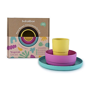 BOBO&BOO Plant-Based Dinnerware Set for Kids | Microwave & Dishwasher Safe | BPA & Melamine Free | Reusable Kids 3 Piece Set Cup, Plate and Bowl - TROPICAL