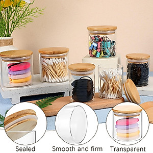 Dandat 6 Pack Glass Apothecary Jars with Lids Bamboo Bathroom Jars Cotton Ball Pad Round Swab Holder Dispenser Vanity Canisters for Countertop Storage Hair Ties Floss Organizer, 8.5 oz and 10.8 oz