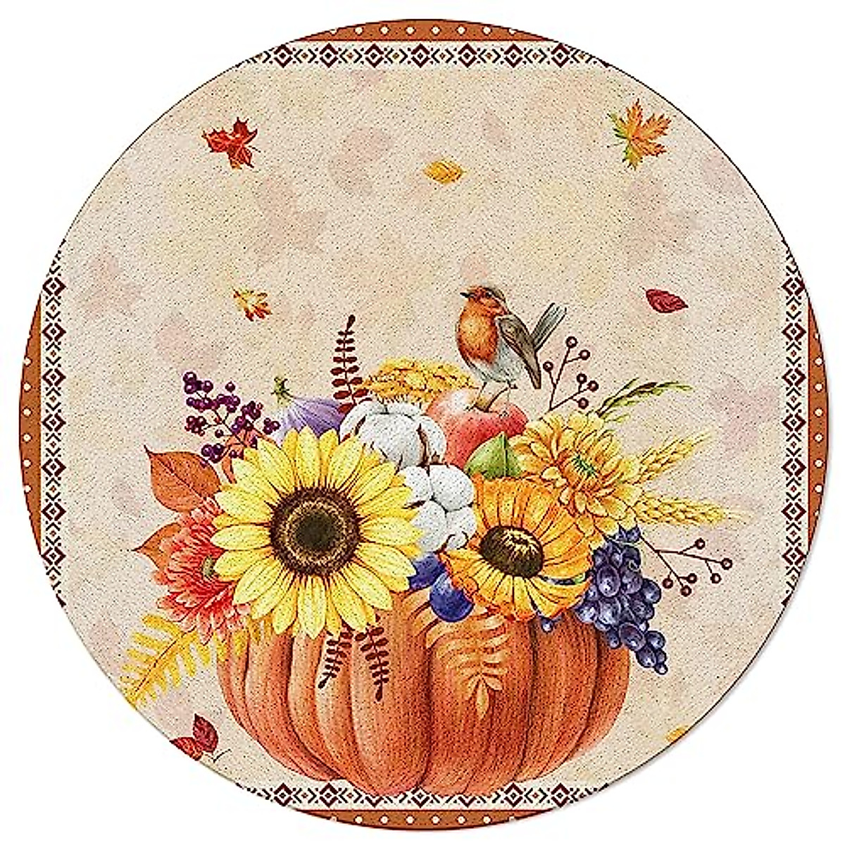 Boho Pumpkin Round Area Rug 3ft,Washable Outdoor Indoor Carpet Runner Rug for Bedroom,Kitchen,Bathroom,Living Room,Office,Area+Rug Small Bath Door Desk Floor Mat Thanksgiving Fall Southwest Sunflower