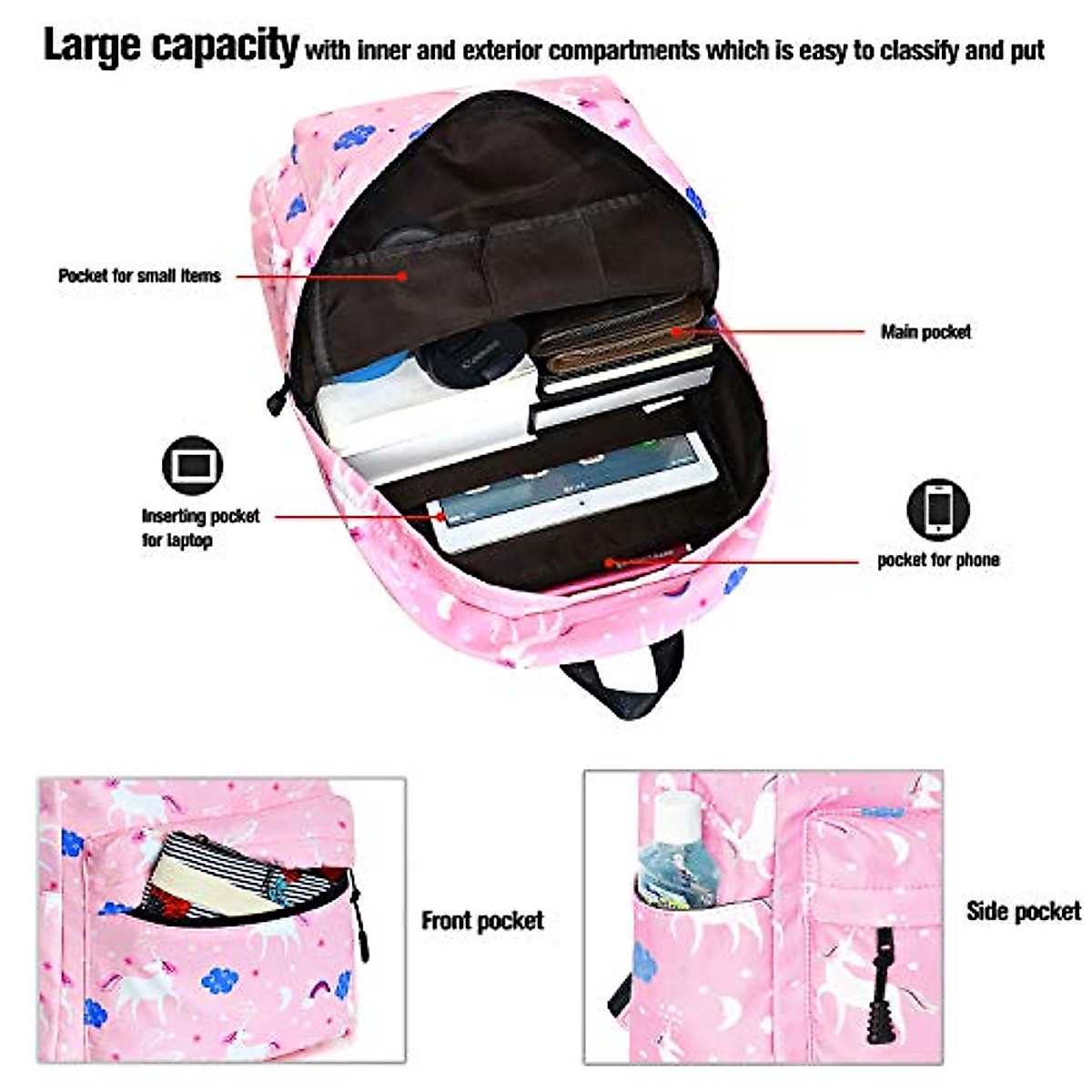 Junlion Dream Unicorn School Bag Kids 3-in-1 Bookbag Set, Laptop Backpack Lunch Bag Pencil Case Gift for Teen Girls Womens (Pink)