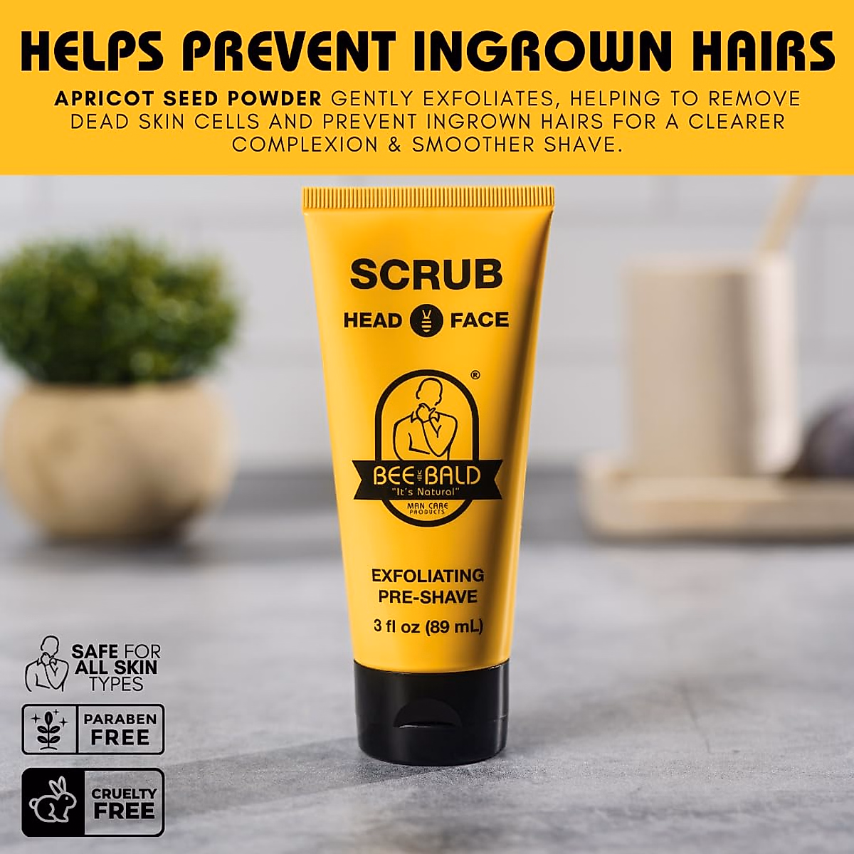 Bee Bald SCRUB Exfoliating Pre-Shave for Deep Cleans & Removing Pore Clogging Dirt, Oil & Dry Flaky Skin. Prepares You For a ‘Super Close Shave’, 3 Fl Oz