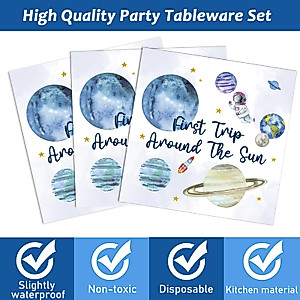 ZOIIWA 200 PCS First Trip Around the Sun Birthday Tableware Disposable 1st Space Party Supplies Outer Space Birthday Party Paper Plates Napkins Forks Baby Shower Party Decoration Serve 50 guest