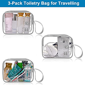 ANRUI 3pcs TSA-Approved Clear Travel Toiletry Bag With Handle Strap, Airline Kit 3-1-1 Clear Liquids Toiletries & Cosmetics Organizer Carry-On Luggage for Women and Men - Grey