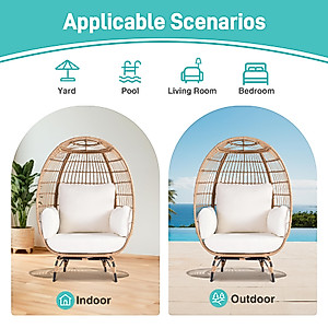 OTSUN Egg Chair Set of 2, Oversized Wicker Egg Basket Chair with 4 Cushions, 440lb Capacity, Outdoor Indoor Lounger for Living Room, Patio, Balcony, Backyard, Ivory