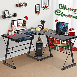 L Shaped Computer Desk Office Desk Gaming Writing Corner Desk Study PC Laptop Table Workstation with Keyboard Tray and CPU Stand Shelf for Home Office Large 3-Piece Modern Glass Computer Desk, Black