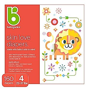 Baby Diapers, Size 4 (22-37 lbs) 160 Count- Babyganics Ultra Absorbent, Unscented, Made without Chlorine, Latex
