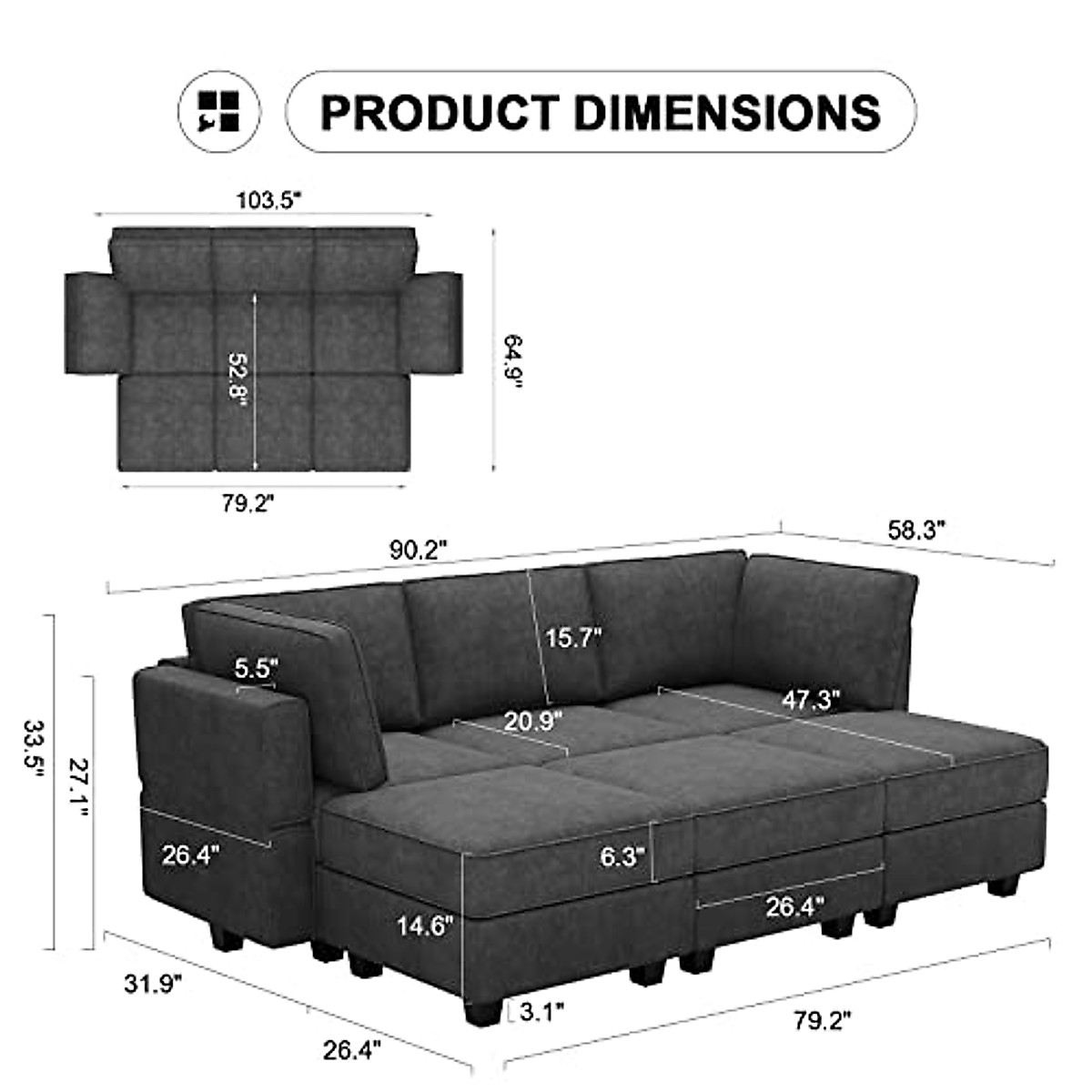Belffin Modular Sofa Bed Module Sectional Sleeper Sofa Convertible Sectional Couch Bed Set Sleeper Couches Dark Grey