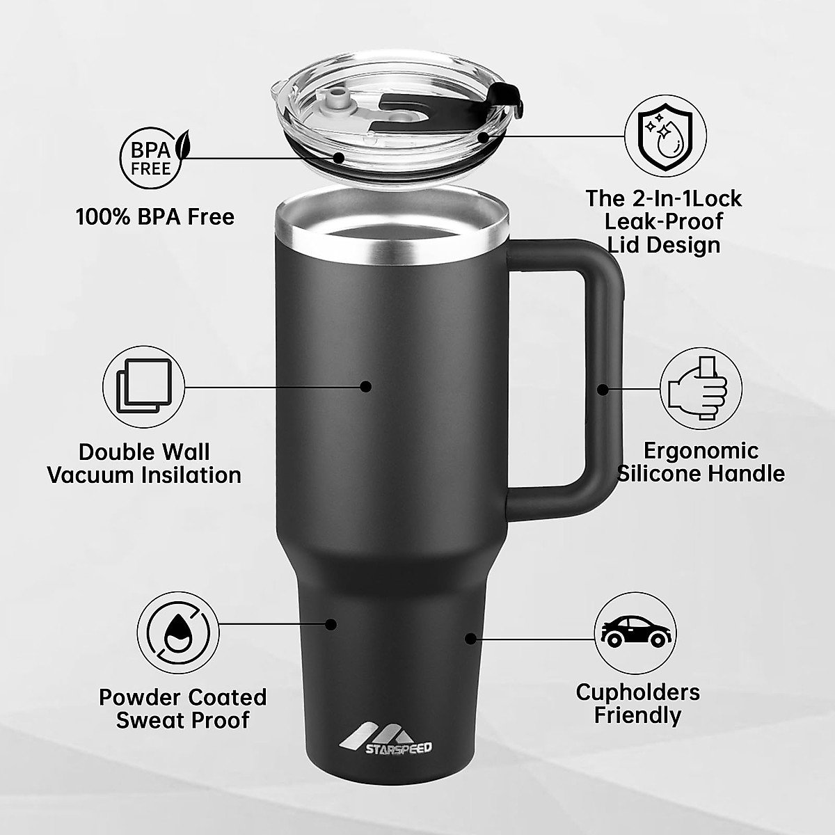 StarSpeed 40 oz Tumbler with Handle and Straw Lid | Stainless Steel Water Bottle Travel Mug Reusable Insulated Cup With Lid And Straw, Keep Cold Heat and Ice for Hours(40oz,Black)