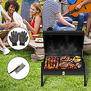 Gardenature Portable Charcoal Grill Mini Small BBQ Grill for Outdoor Cooking Camping and Picnic BBQ Charcoal Grill Set with Glove & Brush - Black