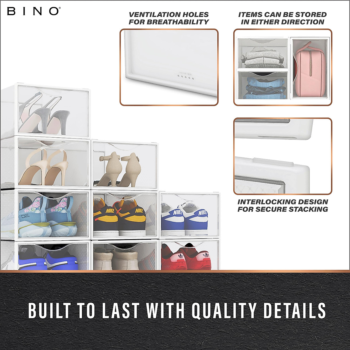 BINO 12-Pack Plastic Stackable Shoe Box Set - Clear | Foldable Shoe Storage Container | Sneaker Bins | Shoe Rack Box | Transparent | Portable Stacking Shoe Boxes Front Open