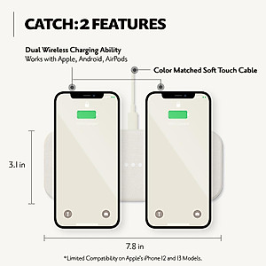 Courant Catch:2 - Belgian Linen Dual Wireless Charging Pad - Compatible with iPhone 11, X, SE, Galaxy S23, S22, S21, S20, Note, AirPods/Pro (Natural)