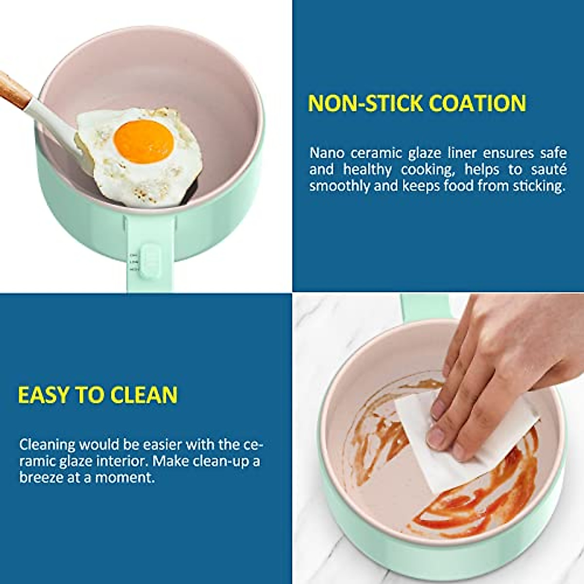 Hoyatoka Electric Hot Pot, 1.5L Portable Non-Stick Electric Cooker with Steamer, Multifunction Electric Pot for Stir Fry, Roast, Egg, Ramen Cooker with Dual Power Control for Dorm and Office, Green