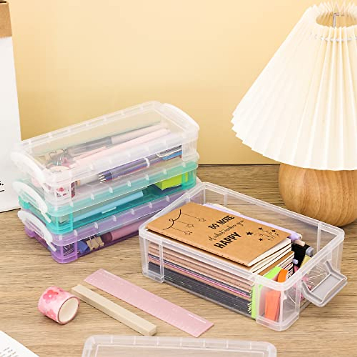 LABUK 5 Pack Plastic Pencil Boxes, Mixed Size Storage Boxes with Lids Stackable Clear Organizer Containers for Stationery Toys Crafts Storage, School Office Supplies