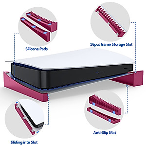 BSOON PS5 Accessories Horizontal Stand, PS5 Base Stand for PS5 Games & PS5 Console with 16 Game Disc Slots, Compatible with Playstation 5 Disc & Digital Editions, Minimalist Design (Red)