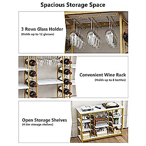 Teraves Modern Wine Rack Table, 47 Inch Wine Baker's Rack with Storage Shelves, 4 Tier Freestanding Wine Rack for Bar, Buffet, Home Kitchen Dining Room Living Room (White Marbling+ Gold Frame)