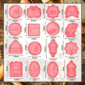 16 Pieces Eid Mubarak Cookie Cutters with Plunger Stamps Set Ramadan Islamic Muslim Biscuit Mold Star Lantern Moon 3D Cookie Stamper Mini Ramadan Plastic DIY Cookie Tools for Baking Fondant Supplies
