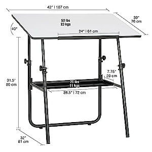 SD Studio Designs Ultima, Foldable Crafting Desk Top Angle and Height Adjustable Drafting Table, 42" W X 30" D, Black/White
