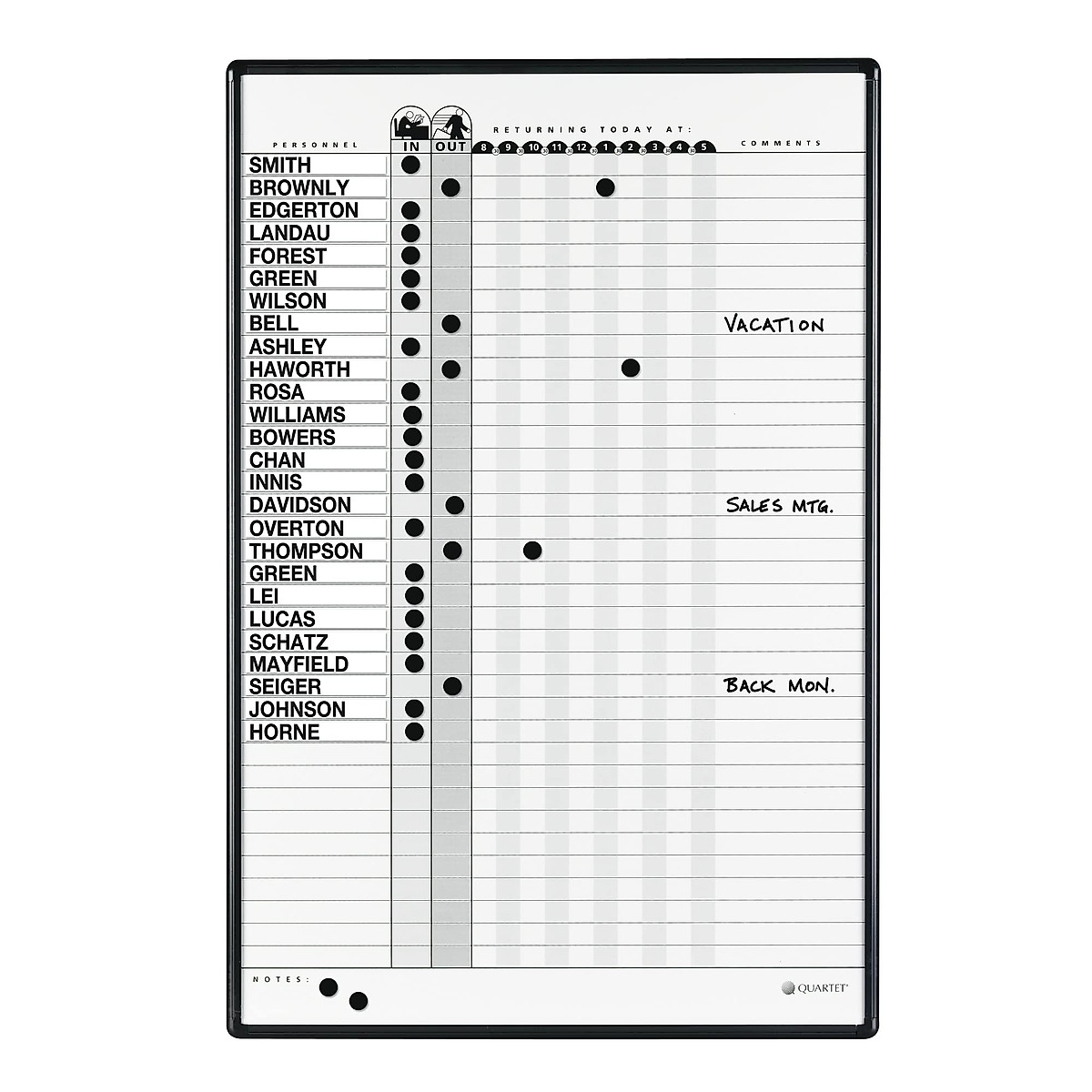 Quartet In/Out Board, Magnetic, 3' x 2', Duramax Porcelain Personnel System, 36 Names, Black Aluminum Frame (783G), 24 x 36", Gray