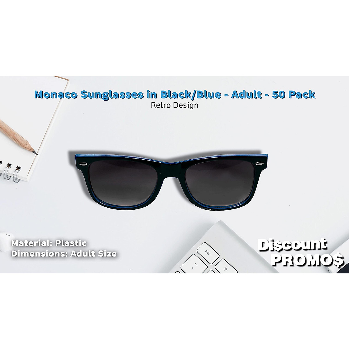 DISCOUNT PROMOS Custom Monaco Sunglasses Set of 100, Personalized Bulk Pack - Reusable, Perfect for Party, Beach, Pool, Outdoor Events - Black Blue
