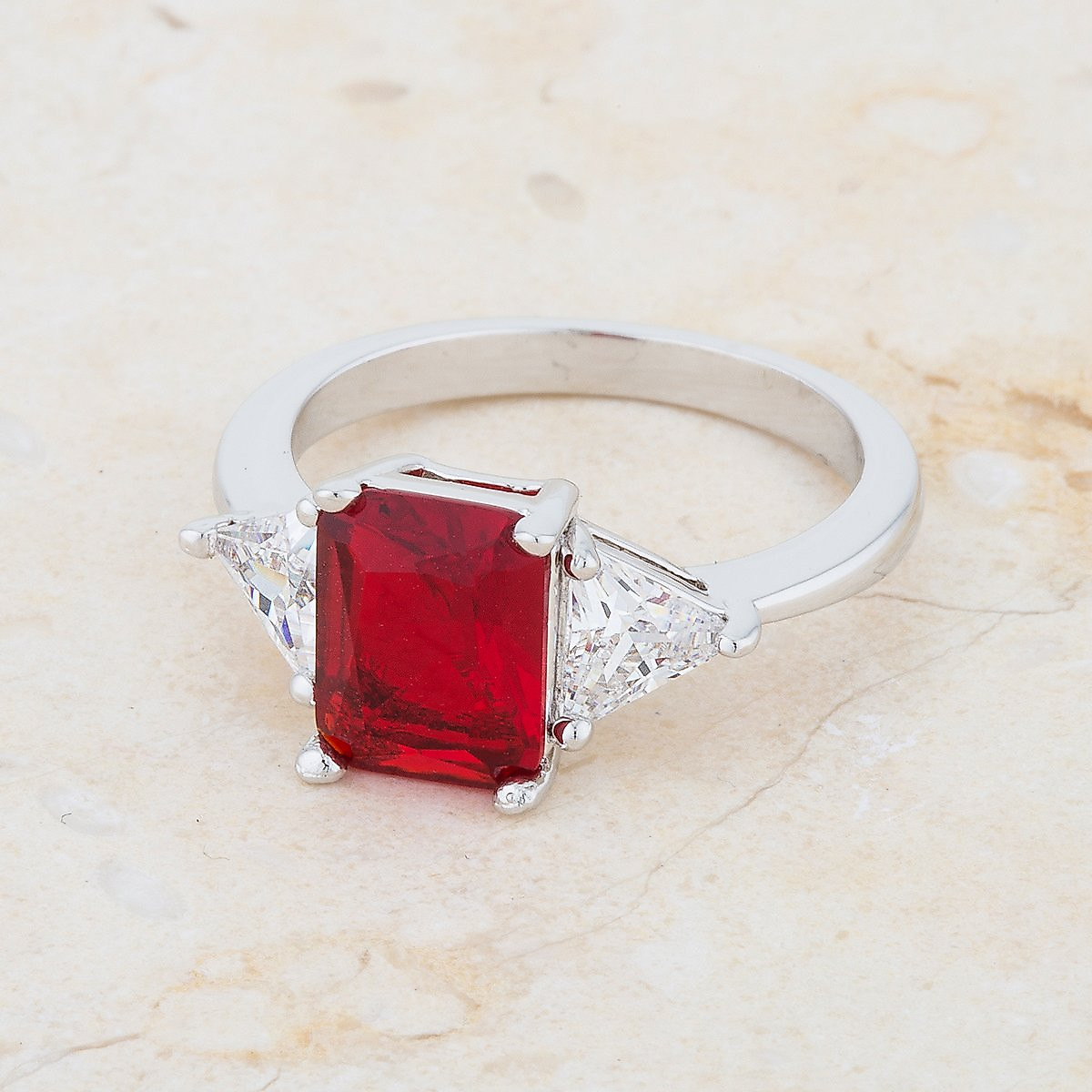 Rhodium Plated Classic Engagement Ring With 4.5ct Ruby Radiant Cut And Trillion Cut Cubic Zirconia Size 7