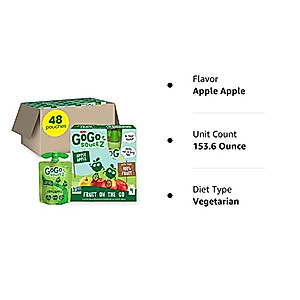 GoGo squeeZ Fruit on the Go, Apple Apple, 3.2 oz (Pack of 48), Unsweetened Fruit Snacks for Kids, Gluten Free, Nut Free and Dairy Free, Reclosable Cap, BPA Free Pouches