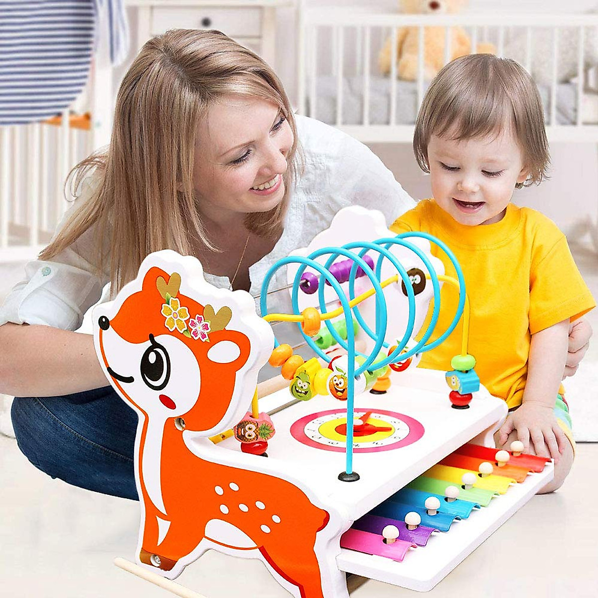 NUKied 4-in-1 Kids Baby Activity Cube Toys, Wooden Activity Center with Abacus Bead Maze Xylophone Clock Kids Toys, Developmental Educational Learning Toys for for 1 2 3 Years Old Girls Boys