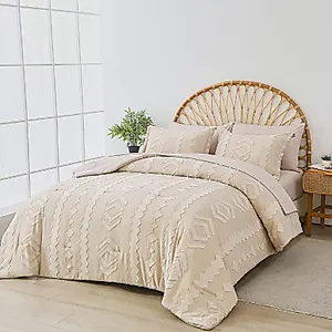 WURUIBO Full Comforter Set,7 Piece Bed in a Bag Beige Tufted Comforter and Sheet Set,Soft Microfiber Boho Bedding Comforter Set for All Season(Beige,Full)