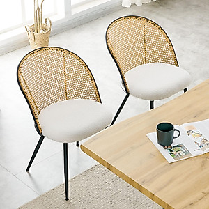 Bekrvio Rattan Dining Chairs Set of 2, Mid-Century Modern Kitchen Dining Room Chairs with Full Cane Backrest Armless Upholstered Farmhouse Boucle Dining Chairs with Metal Leqs for Dining Room, White