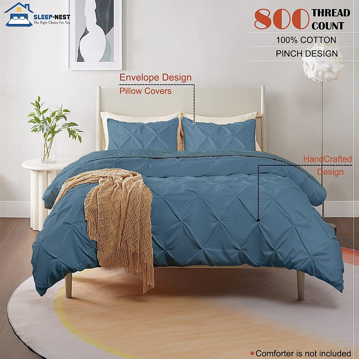 SLEEP-NEST Super King Duvet Cover Set 120x120 Inch 3 Piece 100% Egyptian Cotton with Zipper Closure 800TC All Season Breathable 10x10ft Extra Large Cover, Oversized King Plus, Medium Blue
