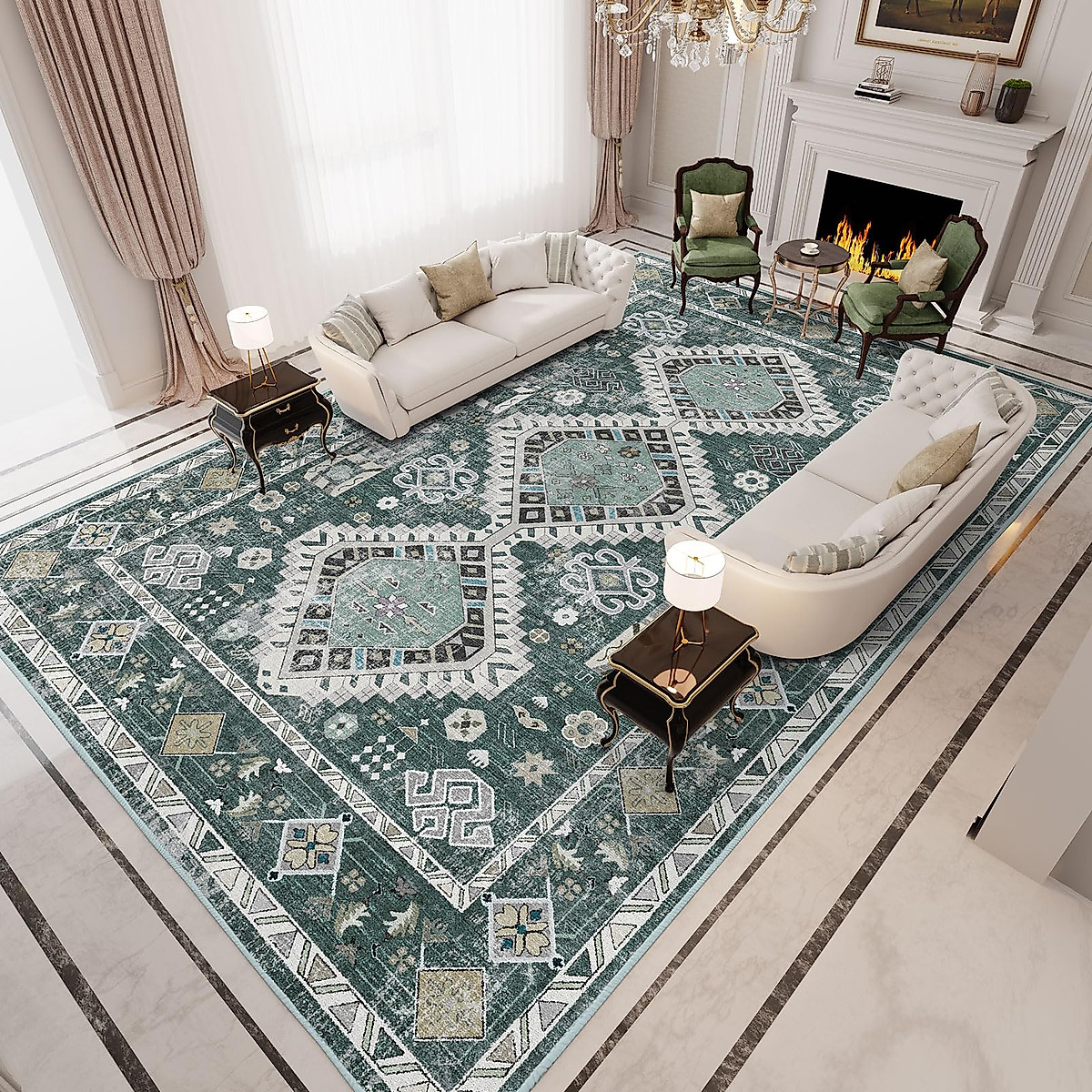 Vamcheer Washable Rugs Area Rugs - 5x7 Washable Area Rugs for Living Room Bedroom Dining Room Kitchen Non-Slip Rugs,Soft Low-Pile Indoor Machine Washable Vintage Carpet, Green