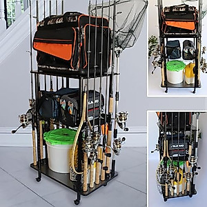 Rush Creek Creations, Fishing Rod Holder for 12-Rods, Fishing Pole Holder for Garage, for Fishing Gear, Pole, Rod, Tackle Box, Holistic Fishing Rod Storage, 12 Freshwater Rod Clips, Big Wheels, Black