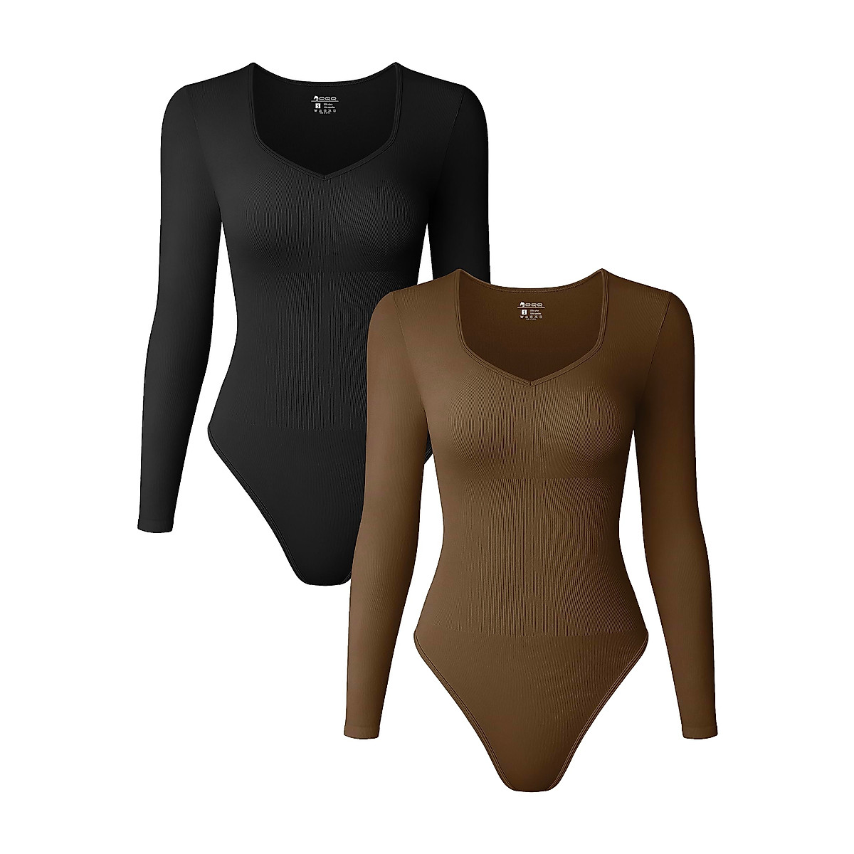 OQQ Women's 2 Piece Sexy Ribbed One Long Sleeve Sweetheart V Neck Top BodySuit, Black,coffee, Small