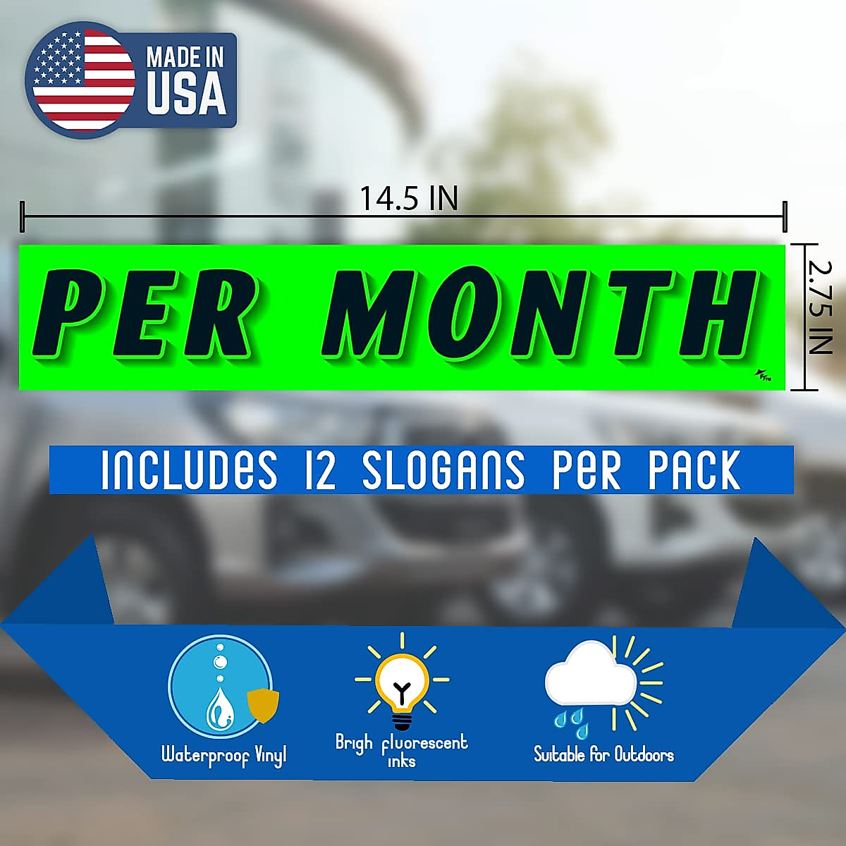 Versa Tags Windshield Slogan Stickers 12 Pack of PER Month Stickers 12 Pack of WE Finance Slogans 12 Pack of FINANCING Available Window Stickers (36) Dealership Stickers Black On Green