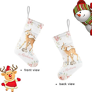 Yeshop Deer Bunny Floral Pink Woodland Personalized Christmas Stockings with Name 1 Pc for Adult Kids Baby Pets, Custom Large Family Stockings for Girl Boy Christmas Xmas Holiday Decorations Gifts