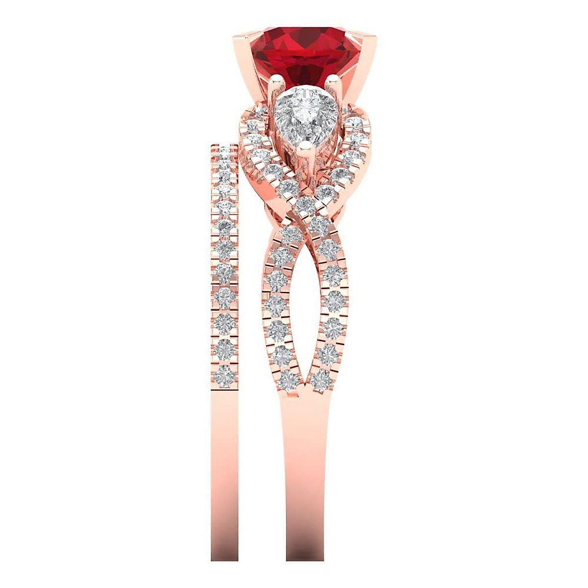 Clara Pucci 1.94 carat Round Cut Solitaire 3 stone Simulated Red Ruby Wedding Anniversary Bridal ring band set 14k Rose Gold 10.25