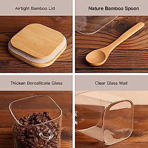 CZZGSM Set of 4 Square Glass Jar with Bamboo Lids and Spoons – Airtight 27 oz Borosilicate Glass Food Storage Contaienrs with 132 Kitchen Pantry Labels for Coffee, Tea, Sugar
