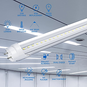 Ghiuop 25-Pack T8 LED Bulbs 4 Foot Tube Light, 4ft LED Shop Garage Warehouse Light, 20W 5000K 2600LM Daylight White, Fluorescent Lights Tube Replacement, Ballast Bypass, Dual-end Powered, Clear Cover