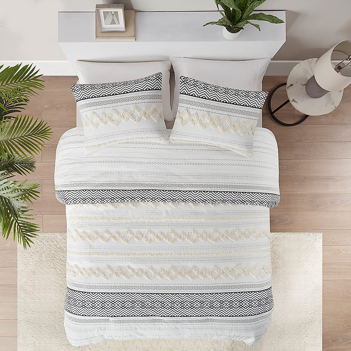 Hyde Lane Farmhouse Bedding Comforter Sets, Ivory Full/Queen Size Boho Bed Set,Cotton Top with Modern Neutral Style Clipped Jacquard Stripes, 3-Pieces Including Pillow Shams (90x90 Inches)