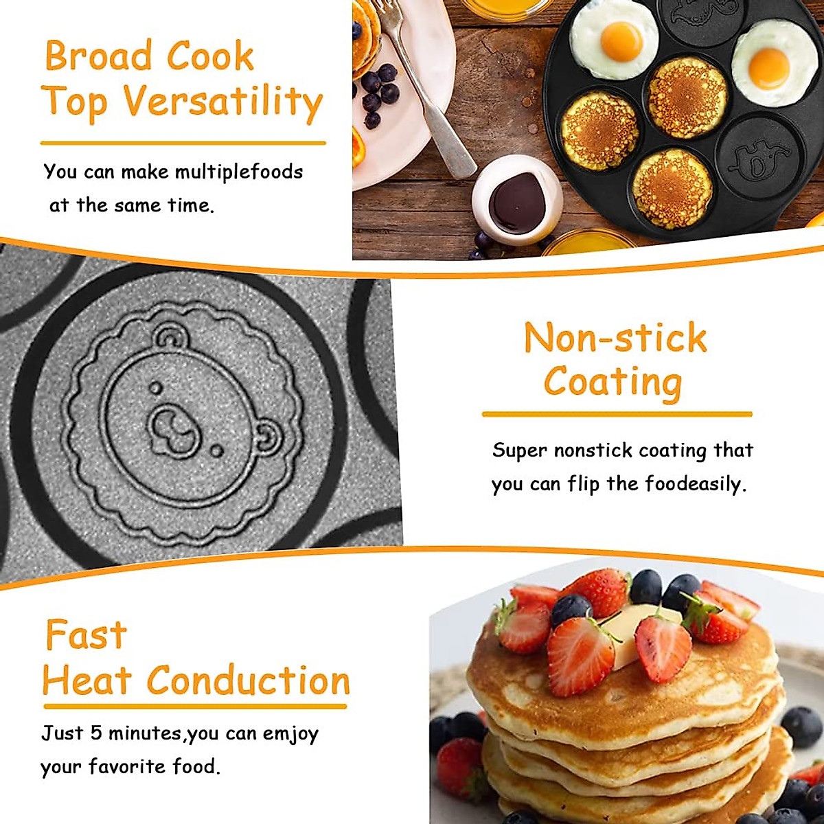 NBFTLTOP Non-Stick Pancake Pan, Sarten Para Pancakes Griddle Mini Pancake Maker Flapjack Faces Crepe Pan with Silicone spatula & Brush