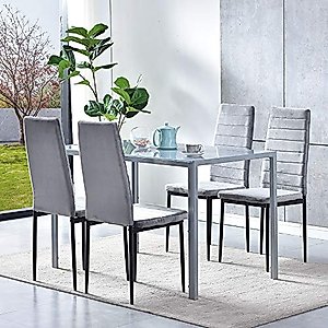 5 Piece Modern Grey Dining Table and Chairs Set of 4 for Small Kitchen, Glass Tempered Rectangular Table and 4 Grey Velvet Chairs for Small Dinette Apartment Space Saving