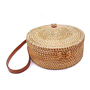 Yunno Handwoven Round Rattan Bag Tropical Beach Style Woven Shoulder Rattan Bag with Leather Strap